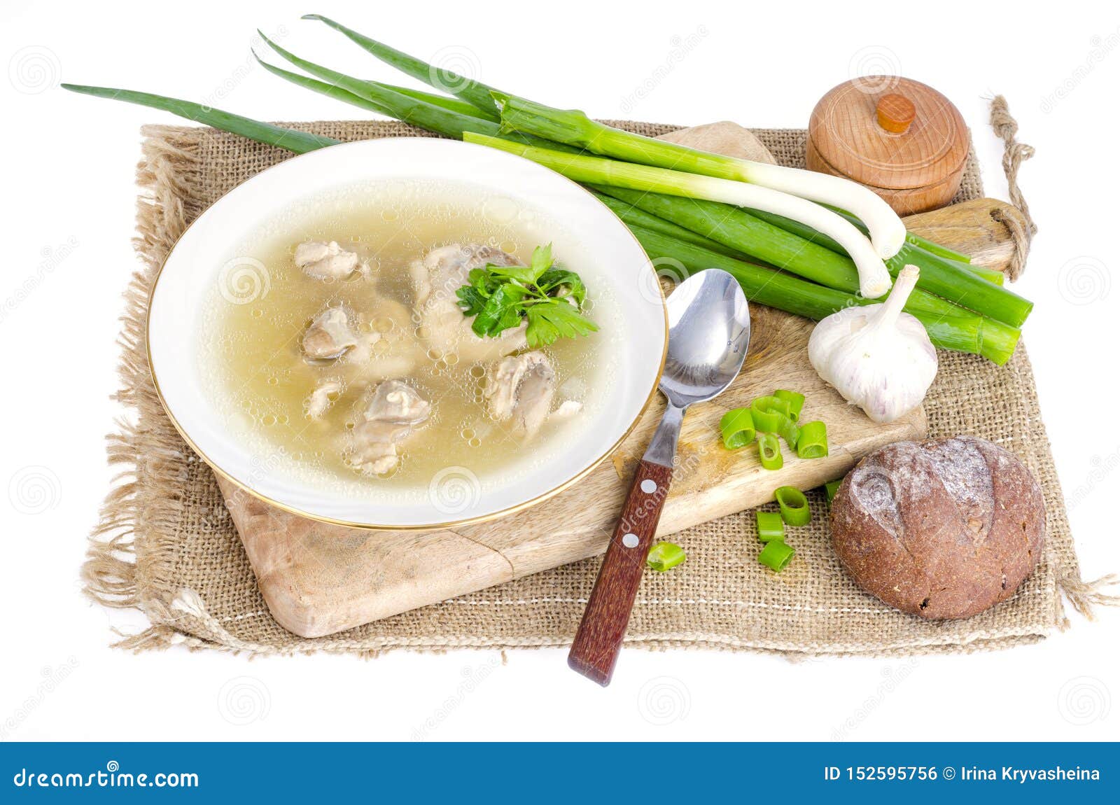 Broth with Chicken Meat Isolated on White Background Stock Photo ...