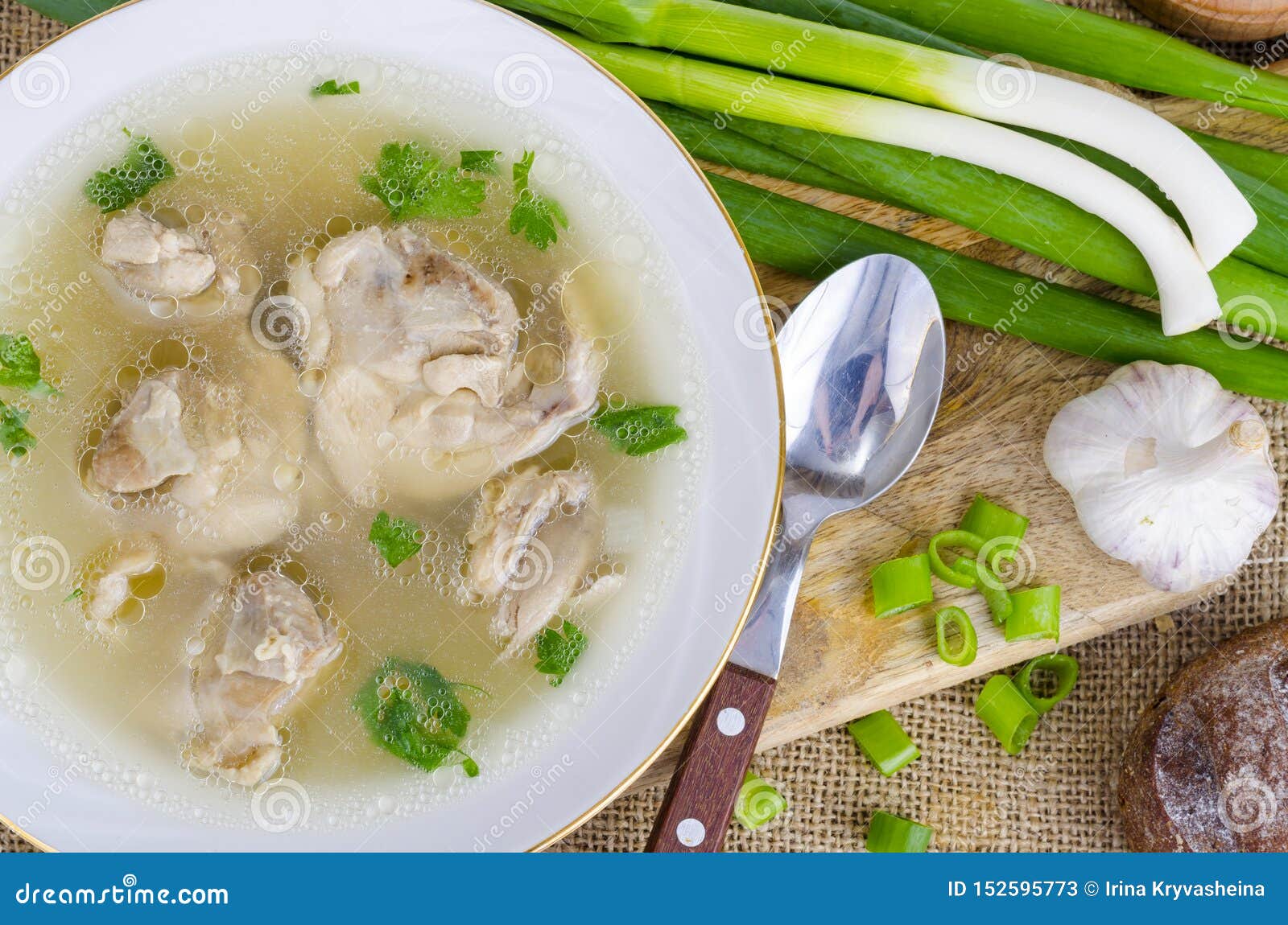 Broth with Chicken Meat Isolated on White Background Stock Image ...