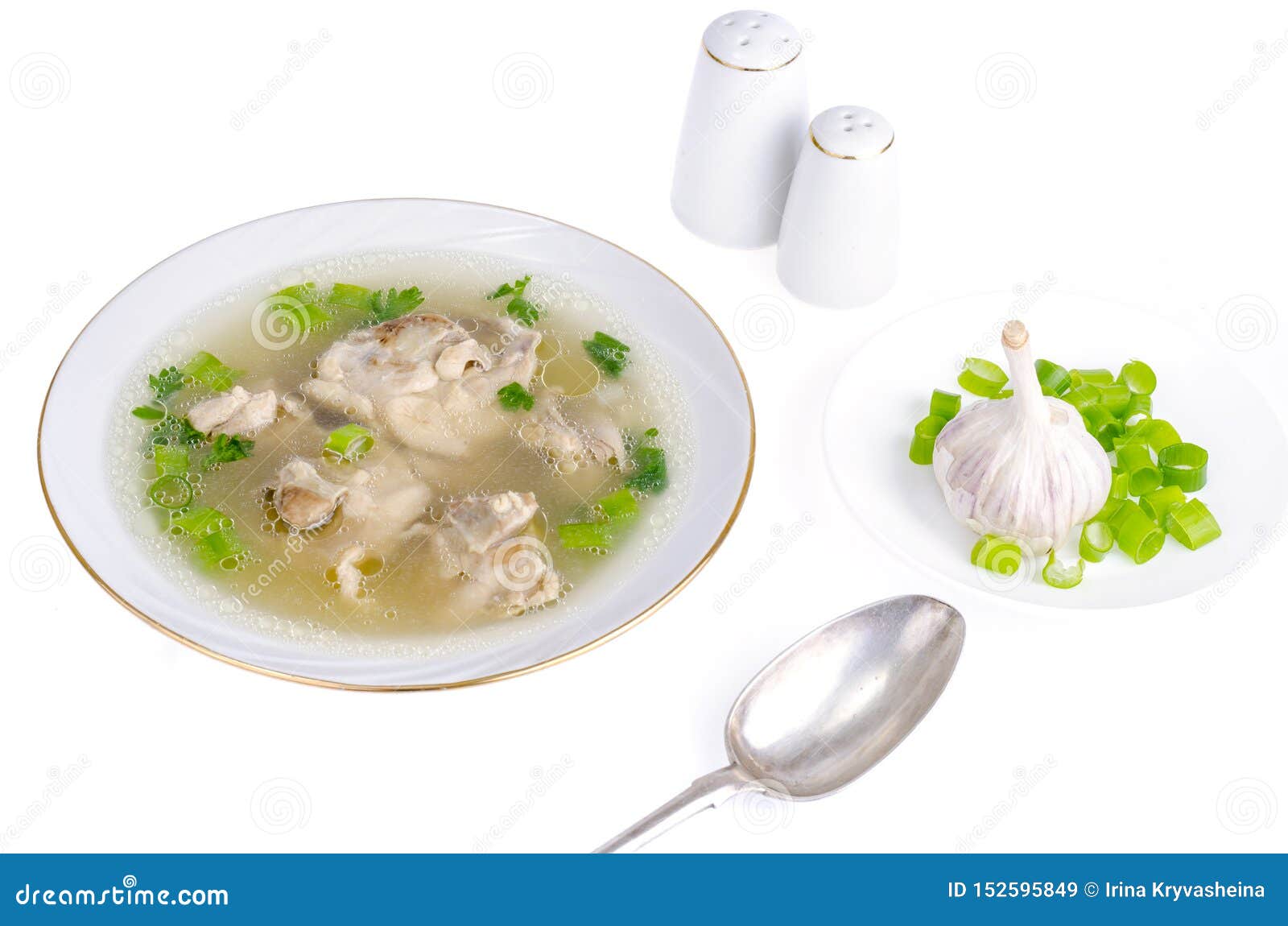 Broth with Chicken Meat Isolated on White Background Stock Image ...
