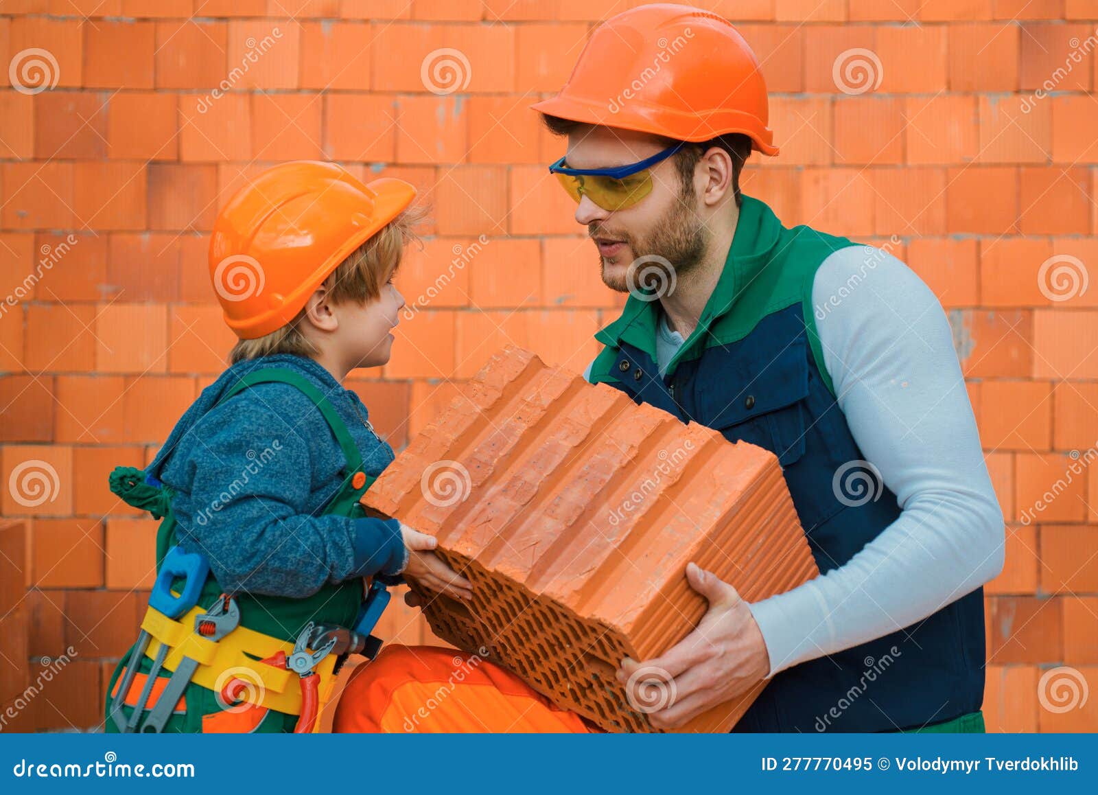 Brother Helping at Workshop. Bricklayer Make Masonry, Builder Work with ...