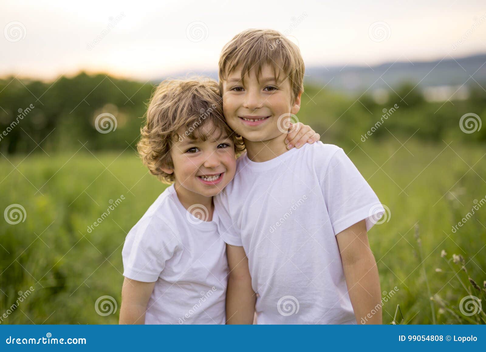 Brother Play Together in a Green Meadow Stock Photo - Image of ...