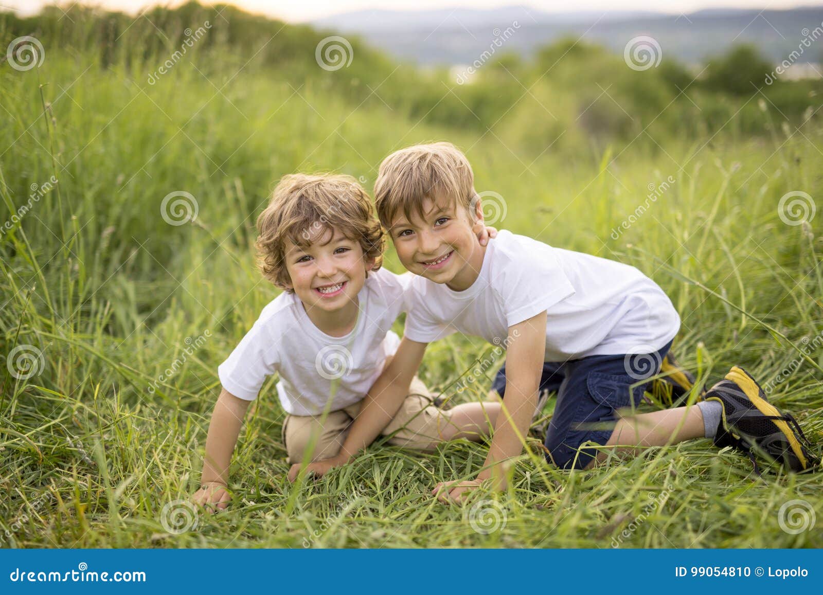 Brother Play Together in a Green Meadow Stock Photo - Image of ...