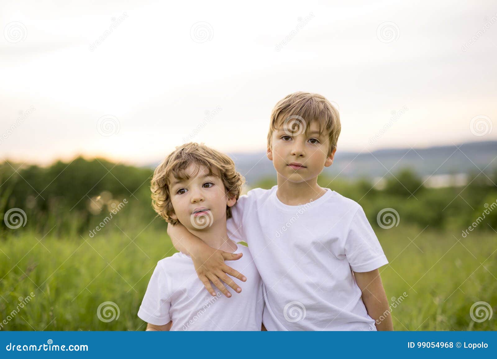 Brother Play Together in a Green Meadow Stock Photo - Image of relaxed ...
