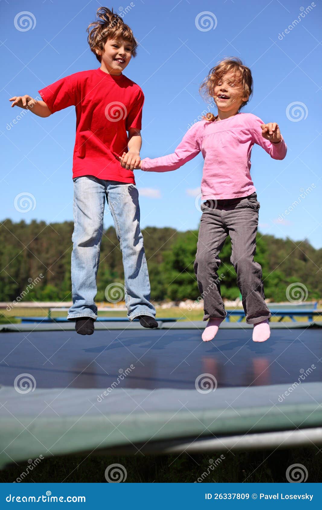 Brother and Sister Jump on Trampoline Stock Image - Image of childhood ...