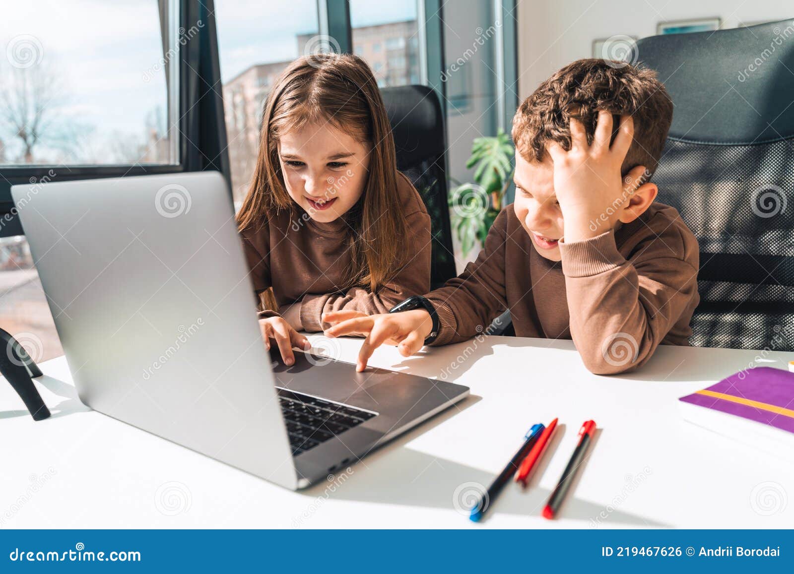 Brother and Sister at the Laptop. Stock Photo - Image of sister ...
