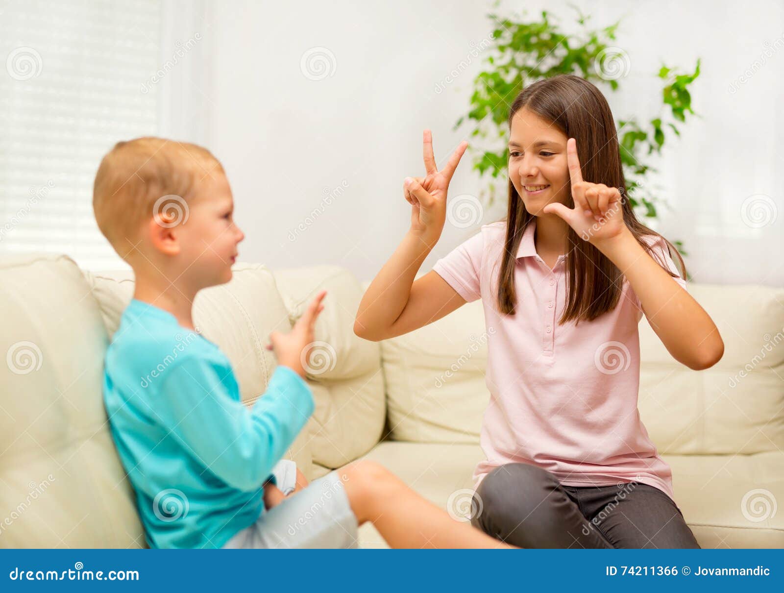 Brother and Sister Learn Sign Language Stock Photo - Image of happy ...