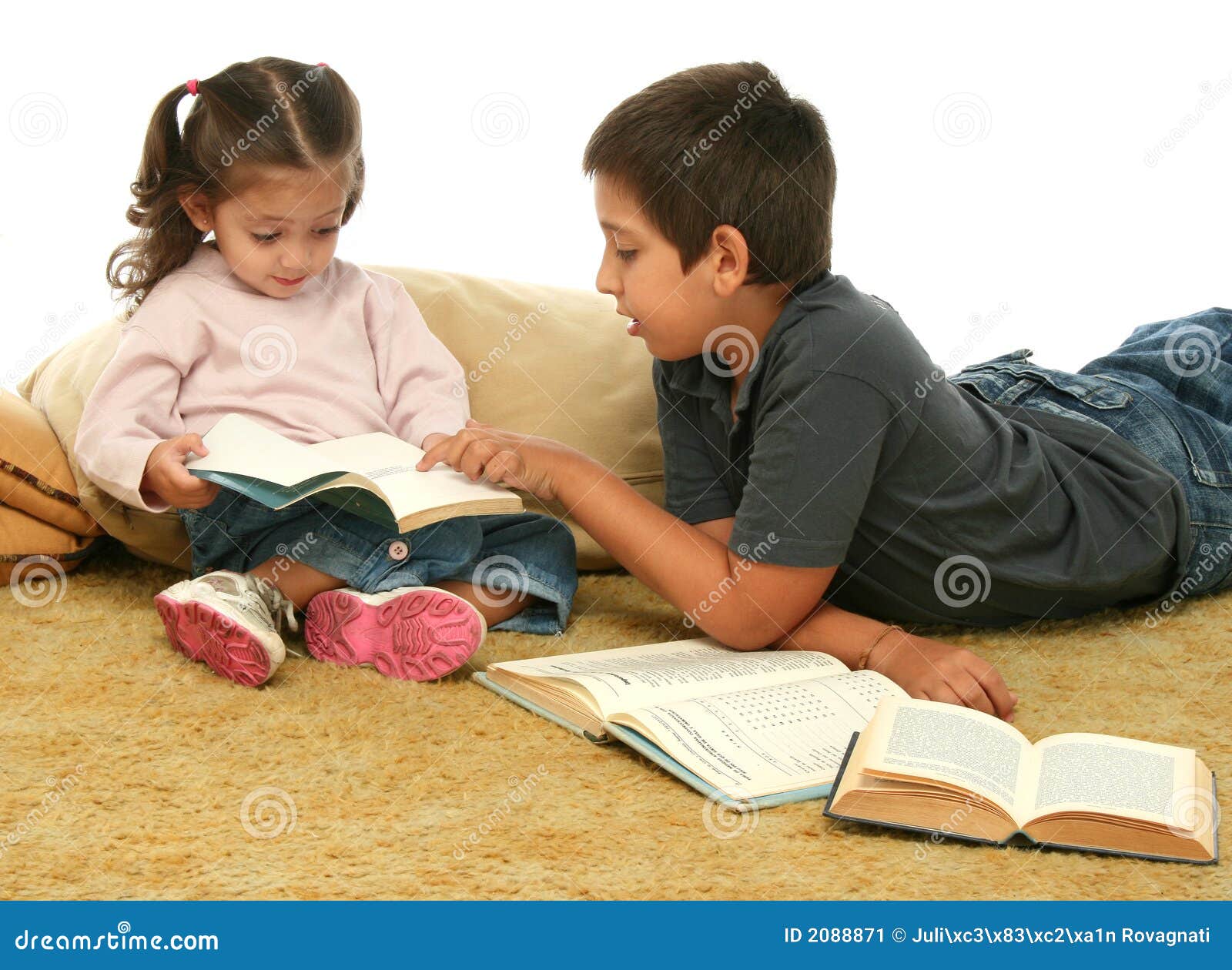 Brother and Sister Reading Books on the Floor Stock Image - Image of ...