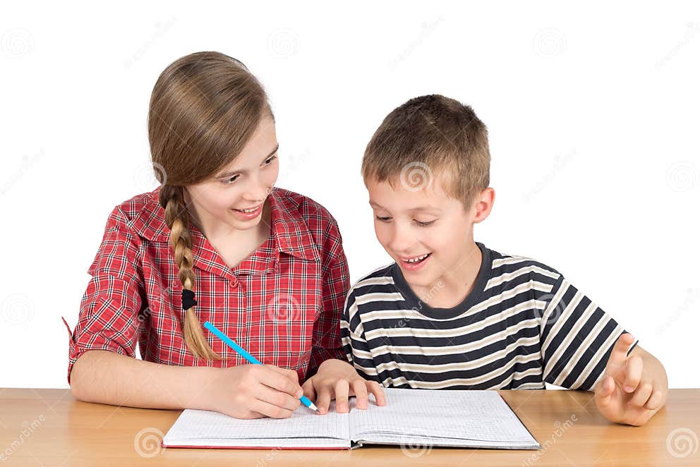 Brother and Sister Solving Math Problems Together Isolated on White ...