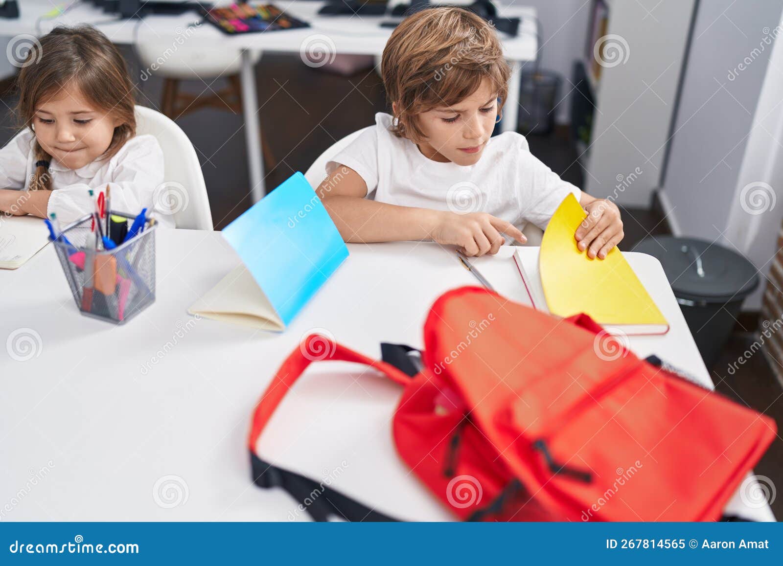 Brother and Sister Students Writing on Notebook Studying at Classroom ...