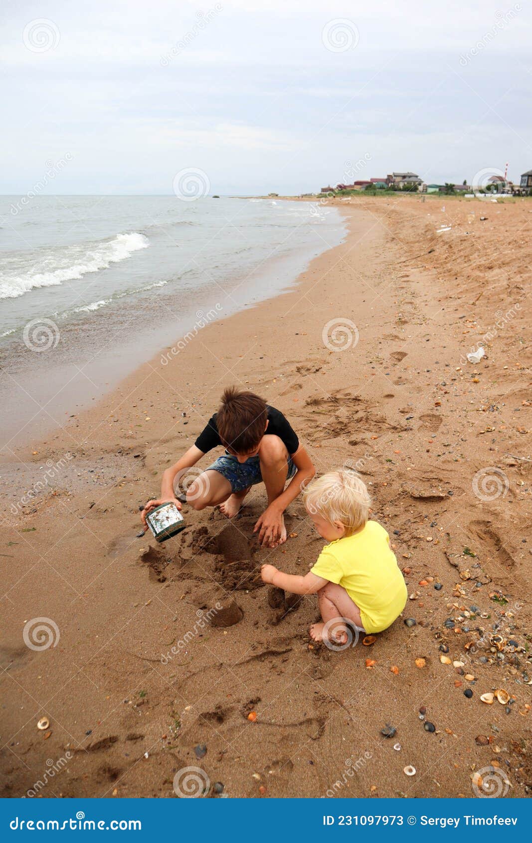 Two Brothers Children Playing on the Sand Beach by the Sea Stock Image ...