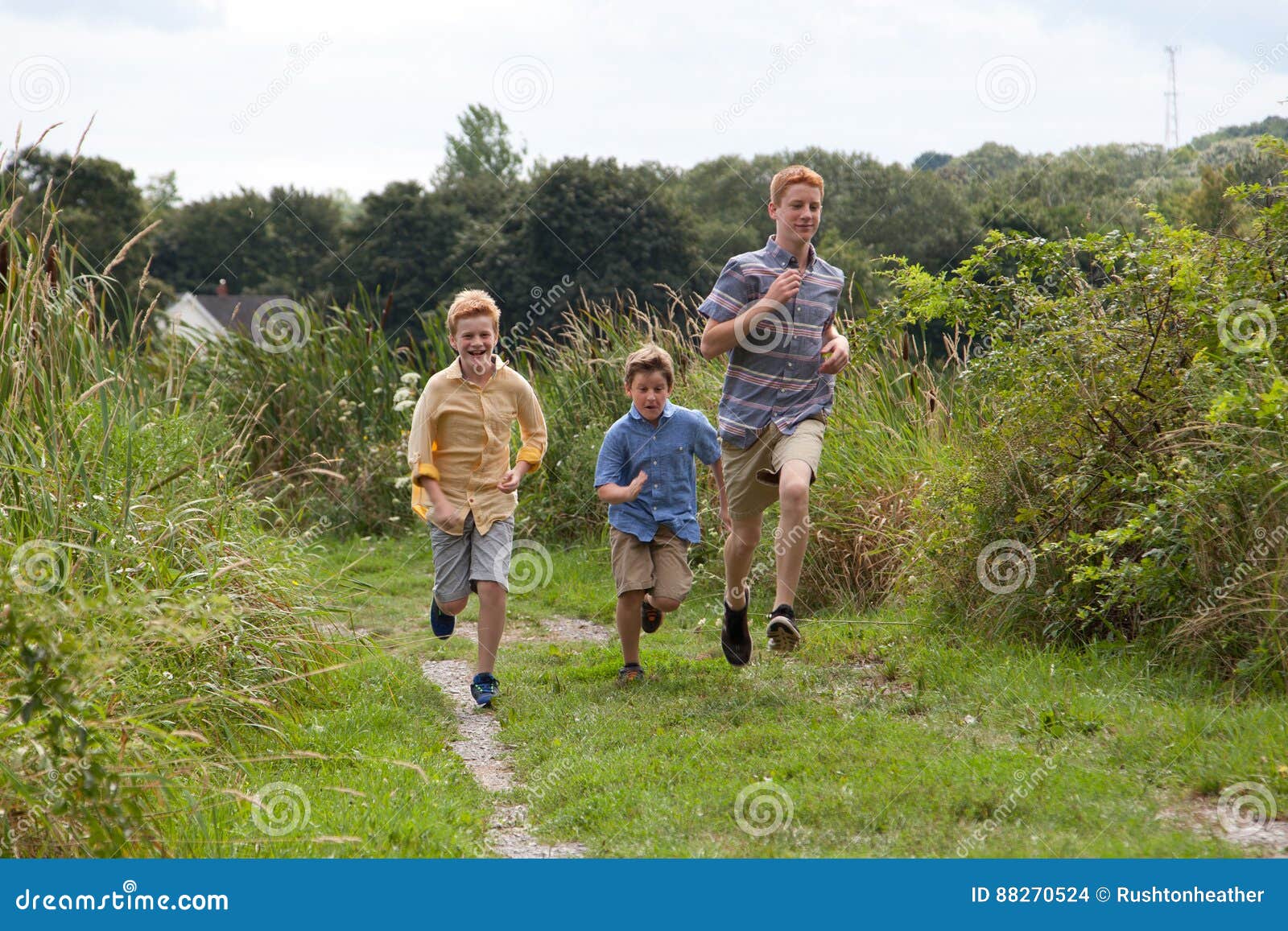 Brothers running in field stock photo. Image of chasing - 88270524