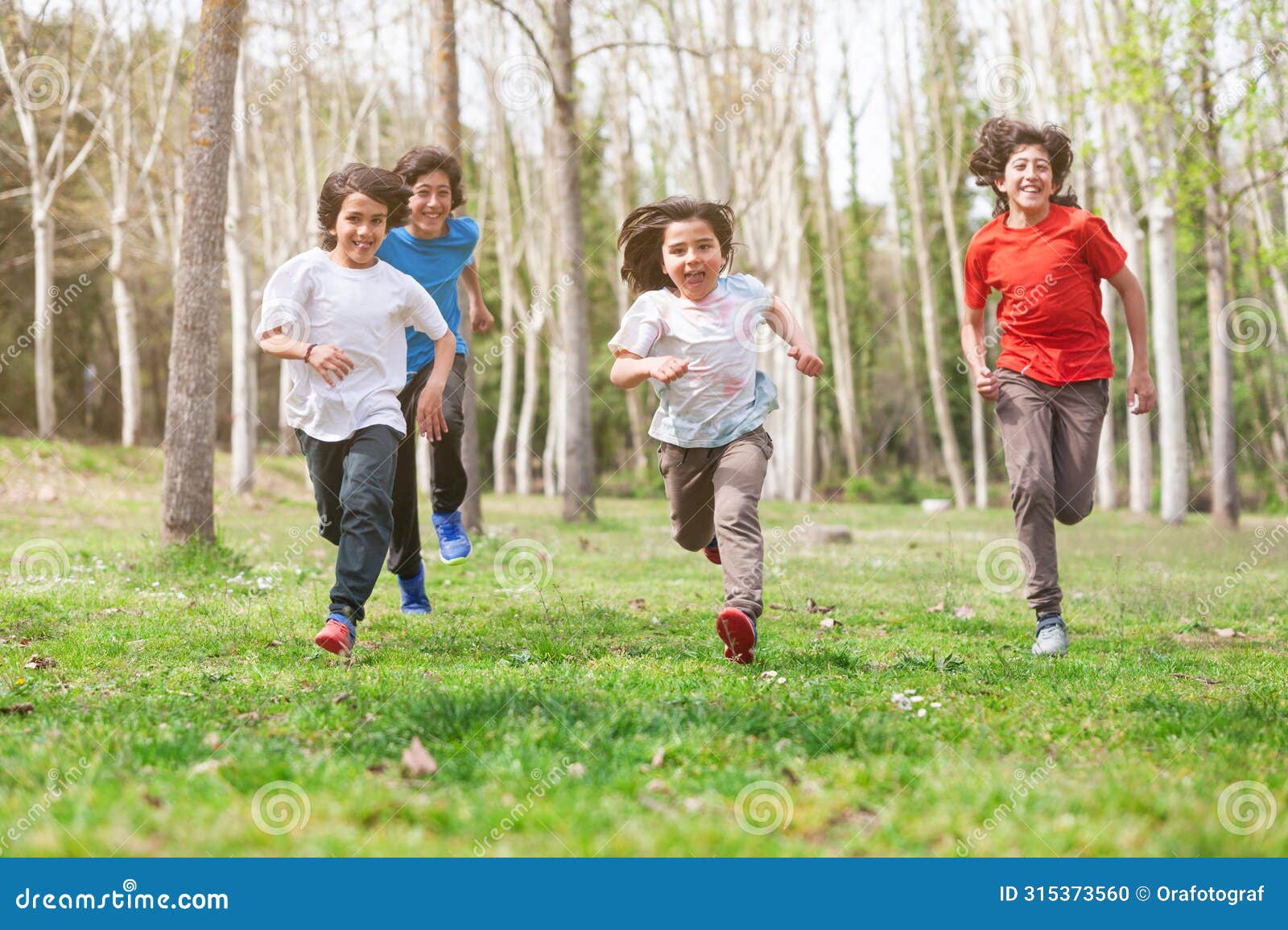 Brothers Running Towards the Camera through a Meadow with Trees Stock ...