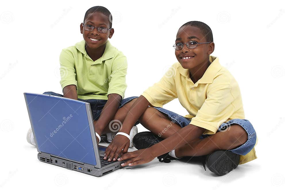 Brothers Working on Laptop Computer Sitting on Floor Stock Photo ...