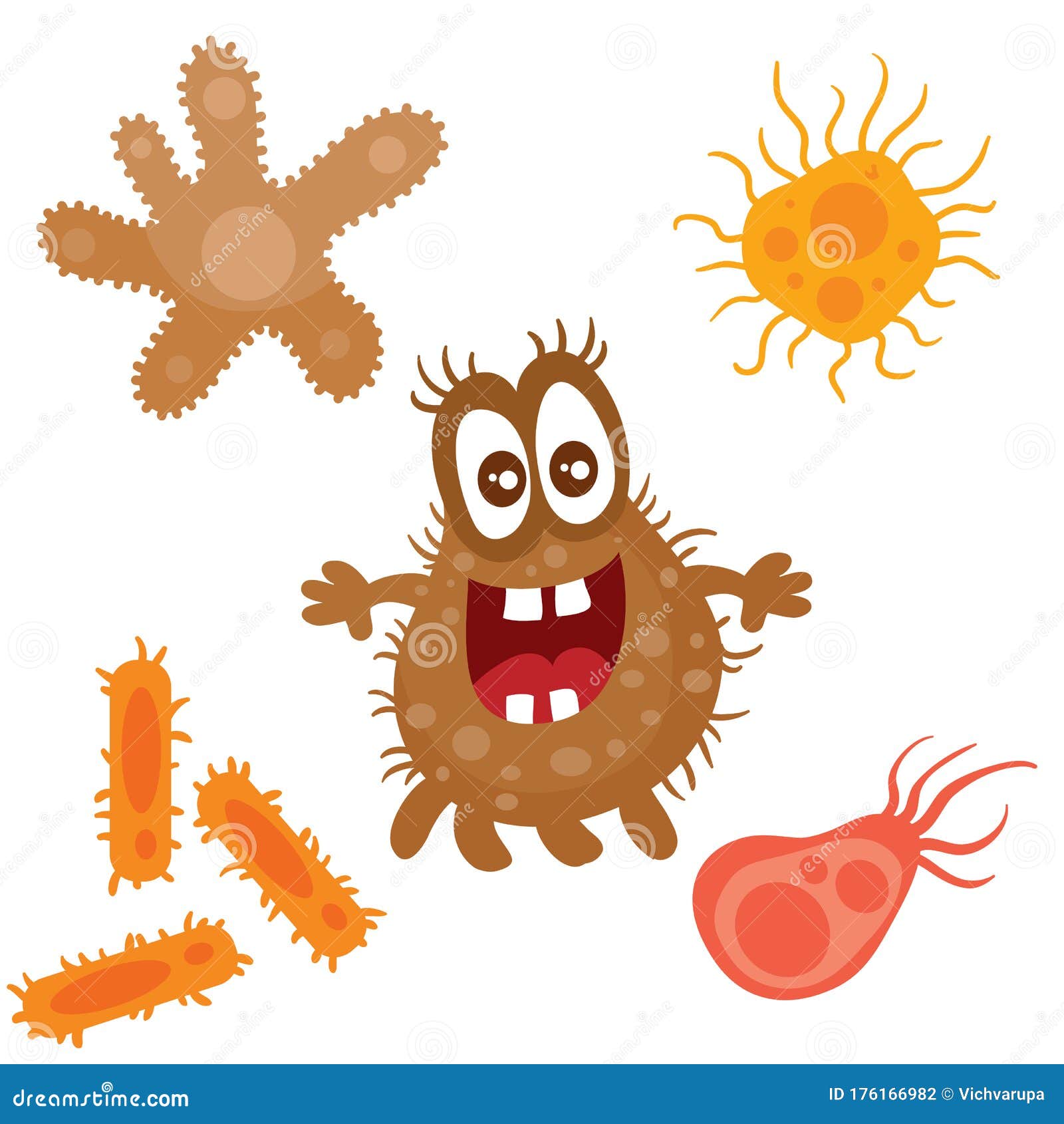 Brown Bacterium Surrounded by Brown Viruses, Cartoon Style, Isolated ...