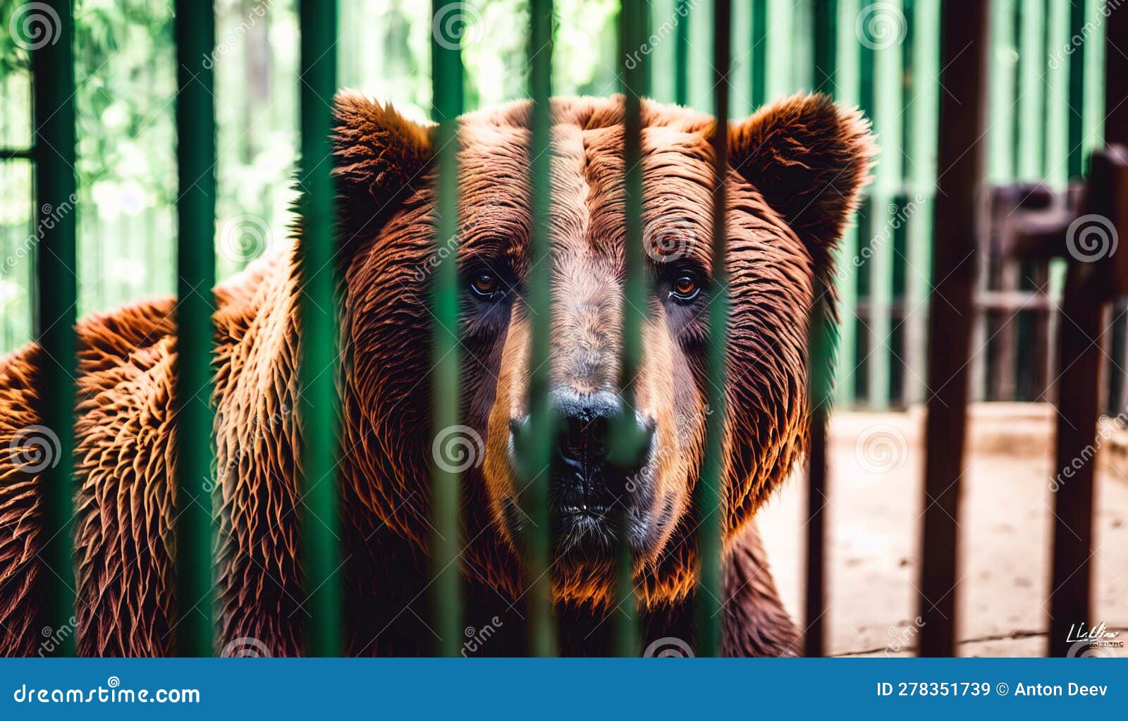 Sad Bear Behind Fence In Prison. Poor Brown Bear Living In Steel Cage ...