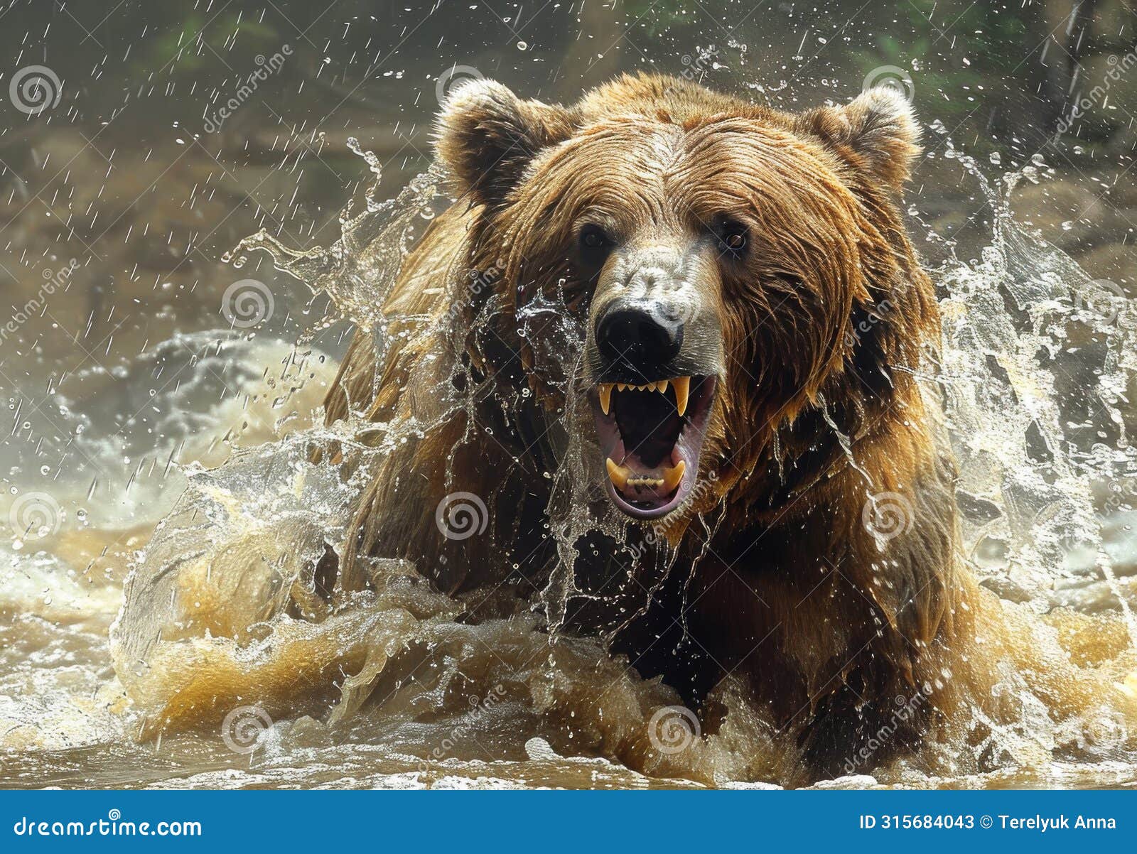 Brown Bear is Charging through the Water with Its Mouth Open. Stock ...
