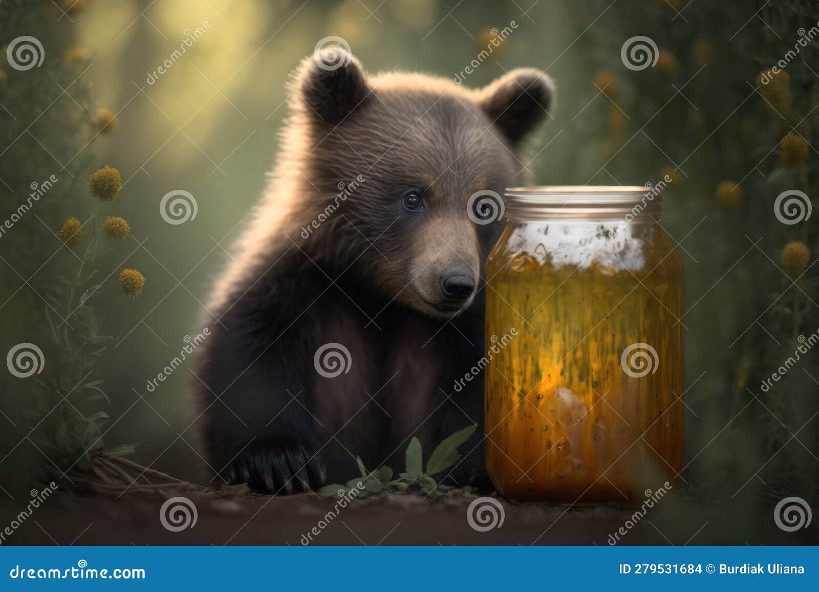 Brown Bear Cub with a Jar of Honey in the Middle of the Forest ...