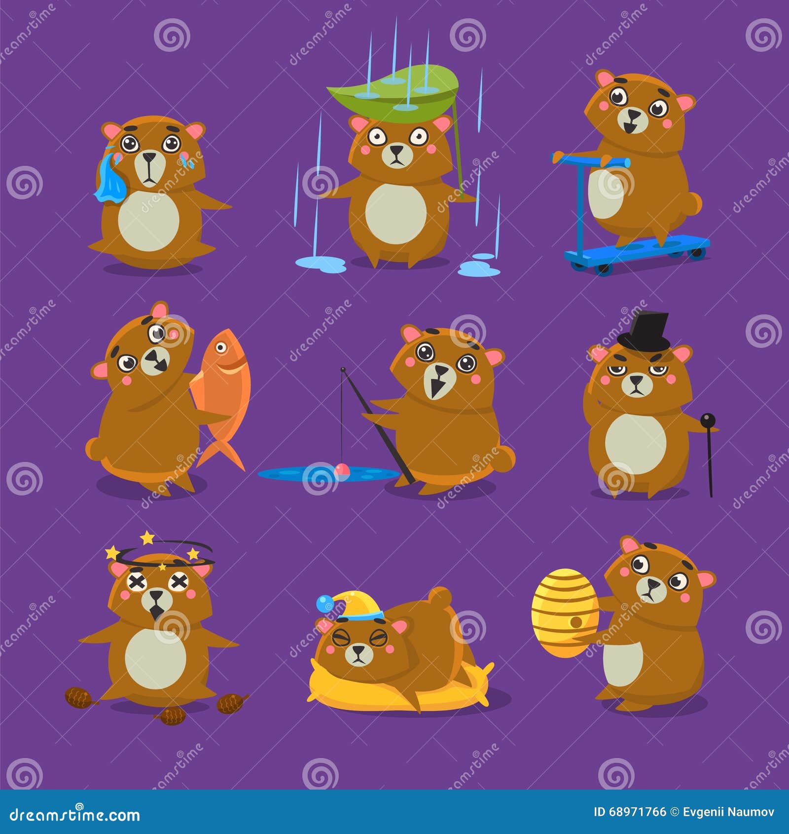 Big Set Of Bear In Different Situations, Animal Is Engaged In Active ...