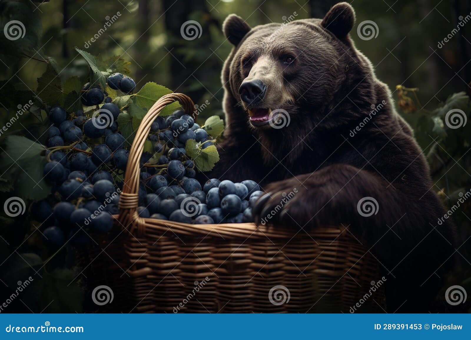 Brown Bear in the Forest is Foraging for Wild Berries. Created with Generative AI Technology ...