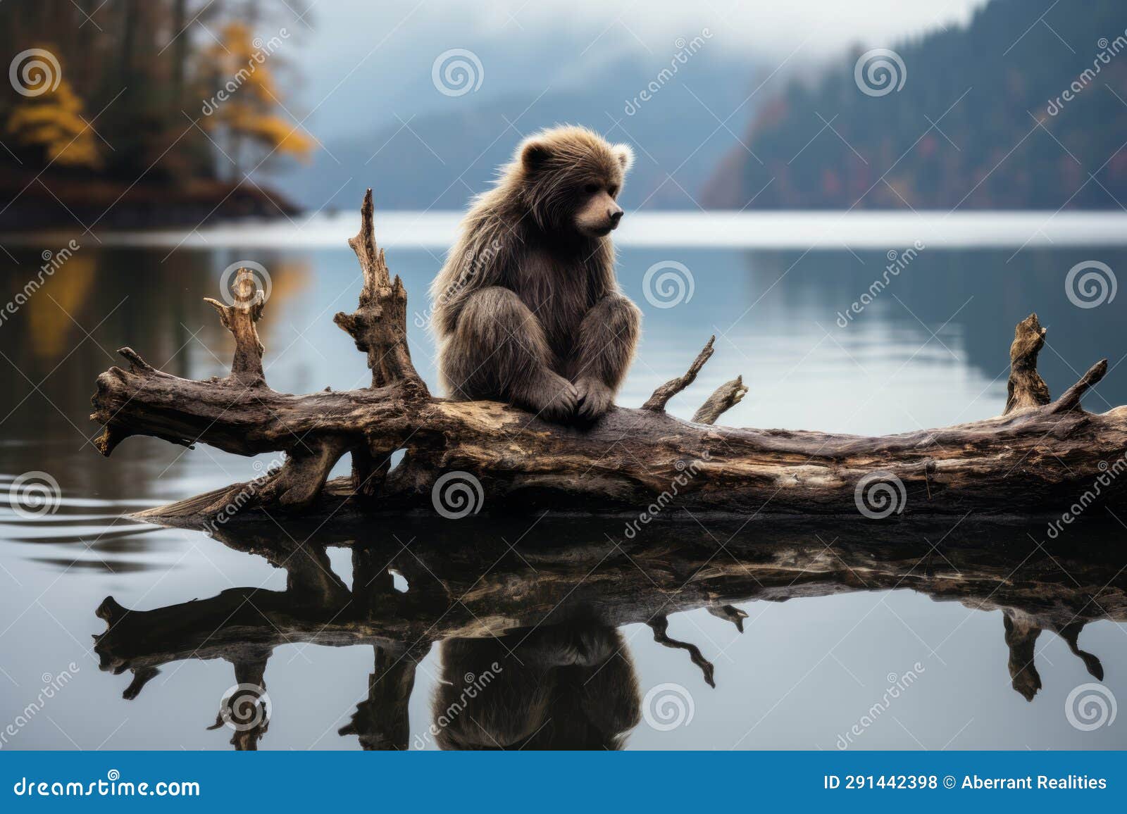 A Brown Bear Sits on a Log in Front of a Lake Stock Illustration ...
