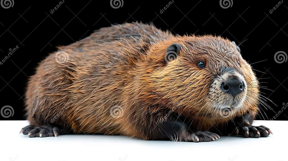 A Brown Beaver with Dark Eyes Sits on a White Surface, Looking at the ...