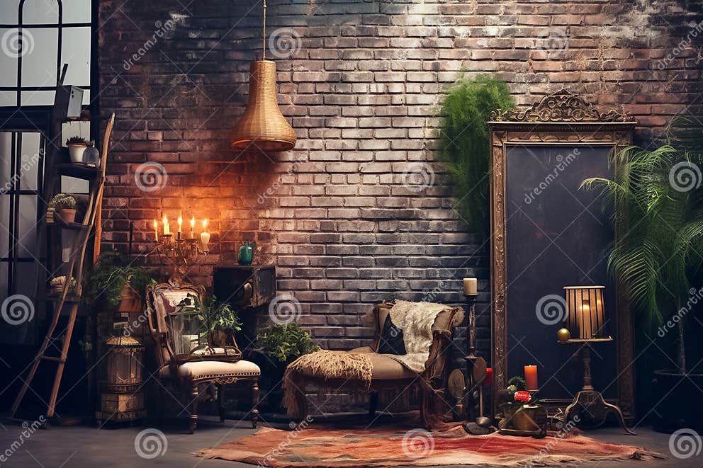 Brown Brick Wall Background, Vintage Objects, Boho Style. Generative AI ...