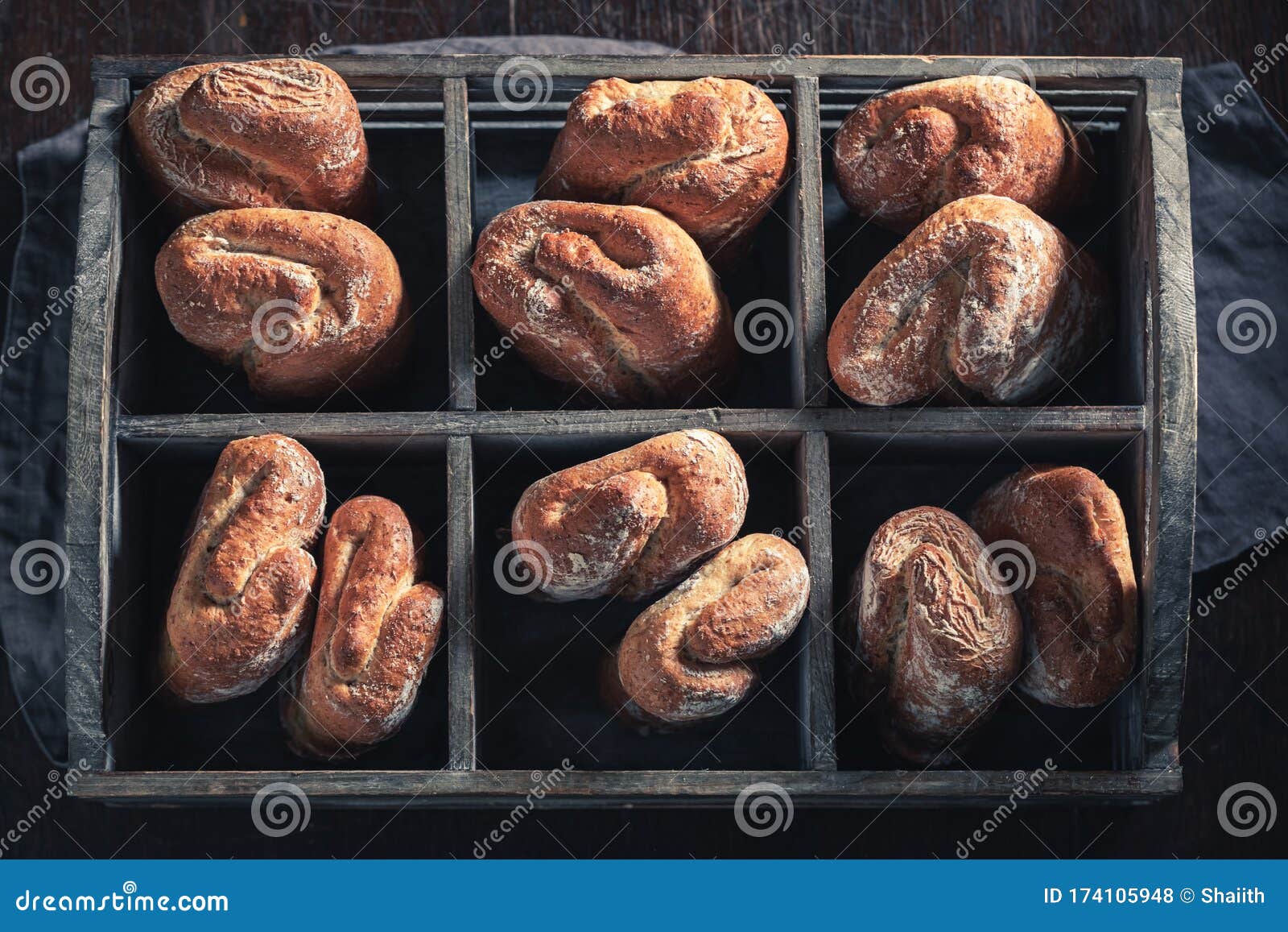 Brown Buns for Tasty Breakfast in Wooden Box Stock Photo - Image of ...