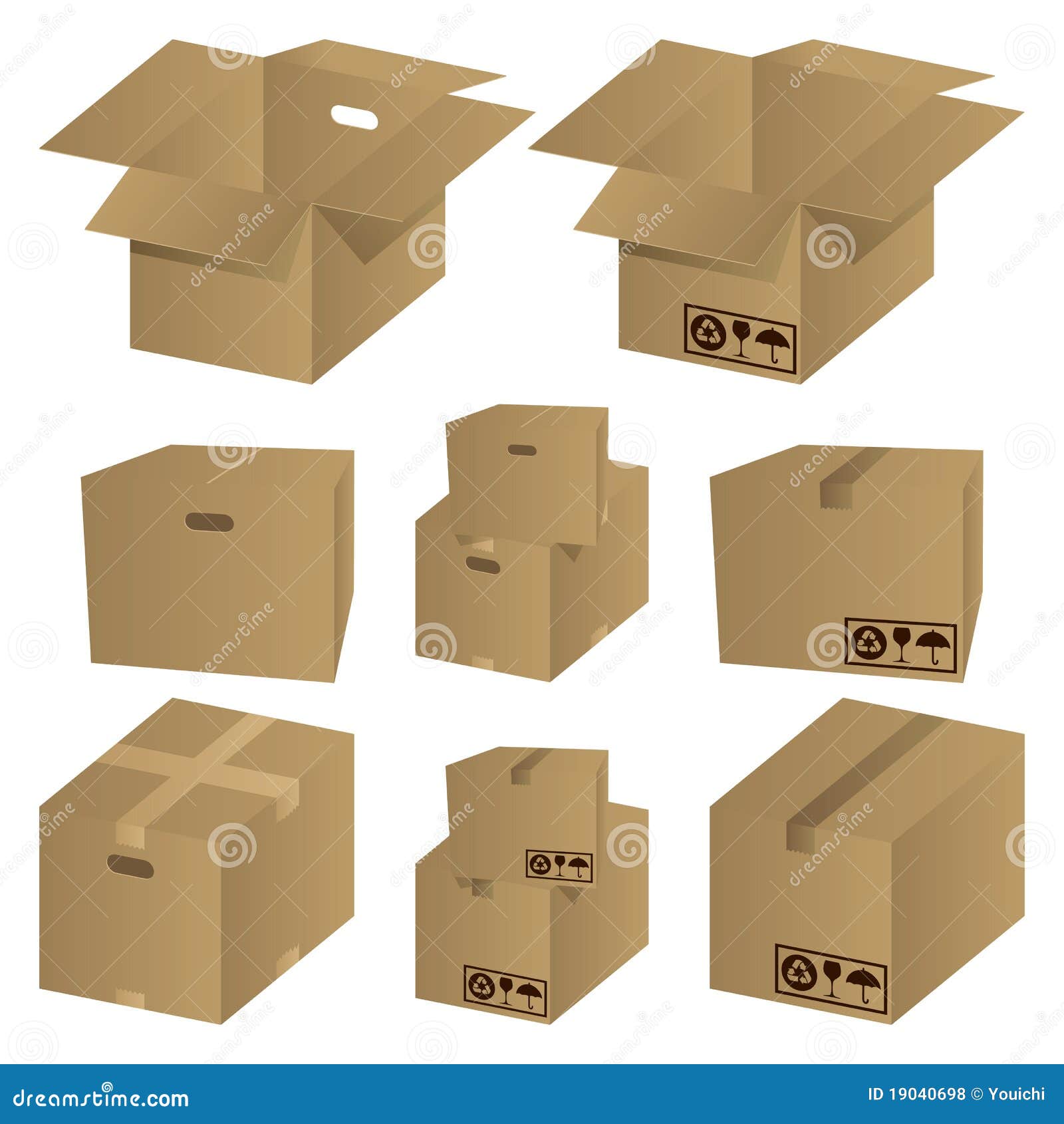 Brown cardboard icons set stock vector. Illustration of heap - 19040698