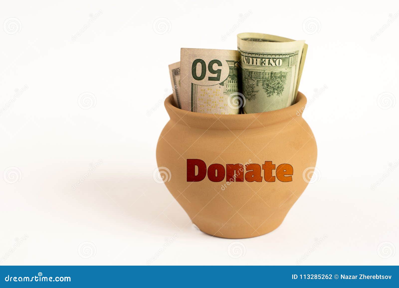 Brown Ceramic Pot with Banknotes and Words Donate on White Background ...