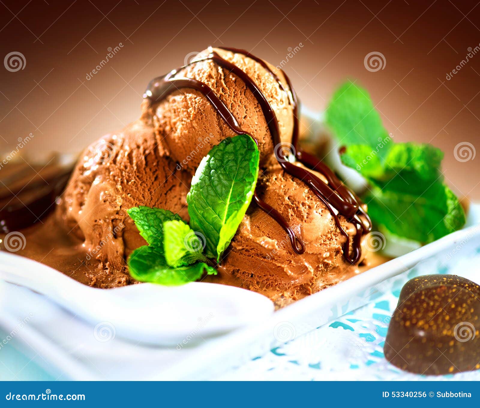 Brown chocolate ice cream stock photo. Image of plate - 53340256