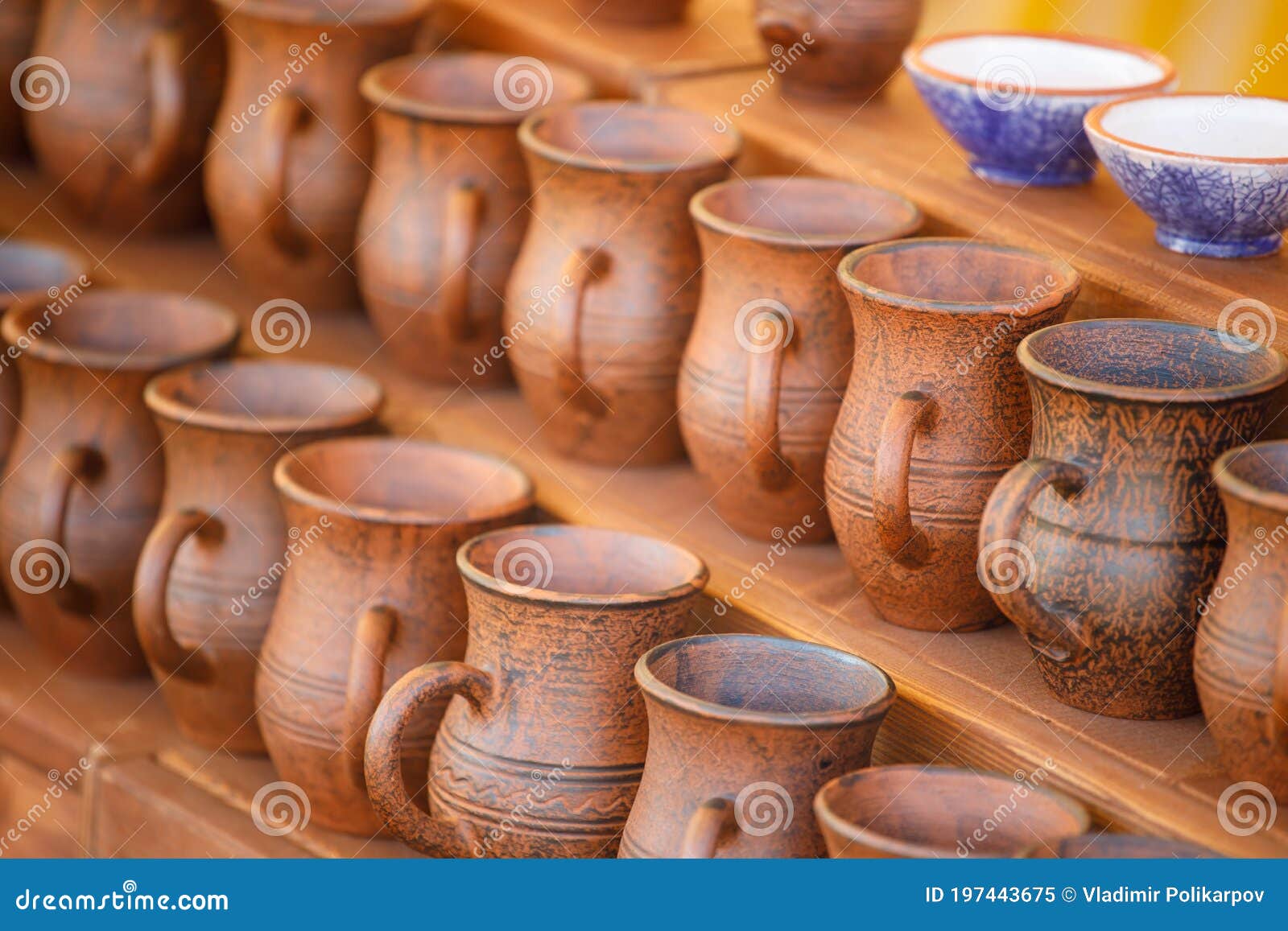 Brown Clay Pots Stand on a Wooden Shelf Stock Image - Image of clay ...