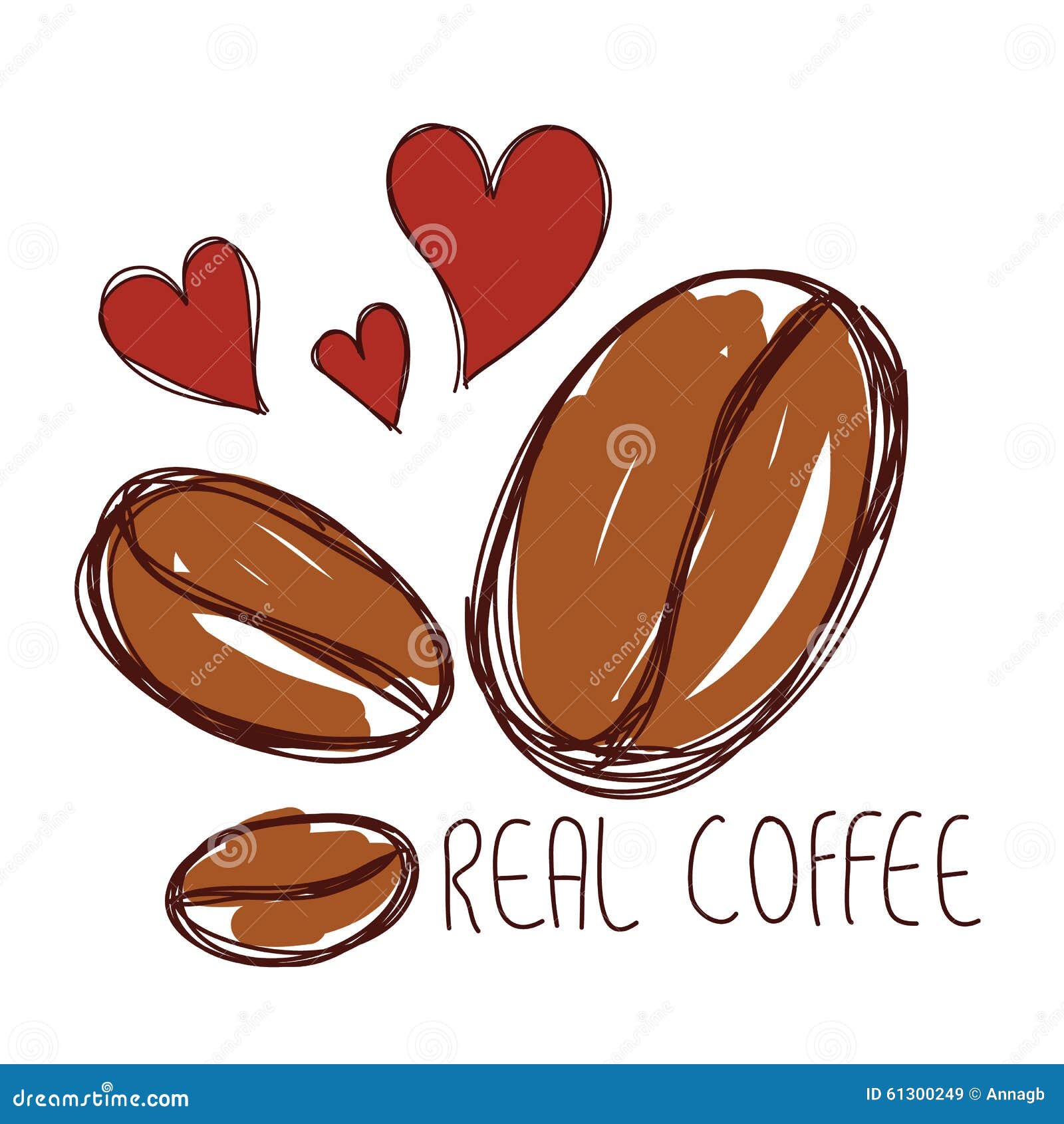 Brown Coffee Bean with Red Heart Hand Drawn and Word Real Coffee Stock ...