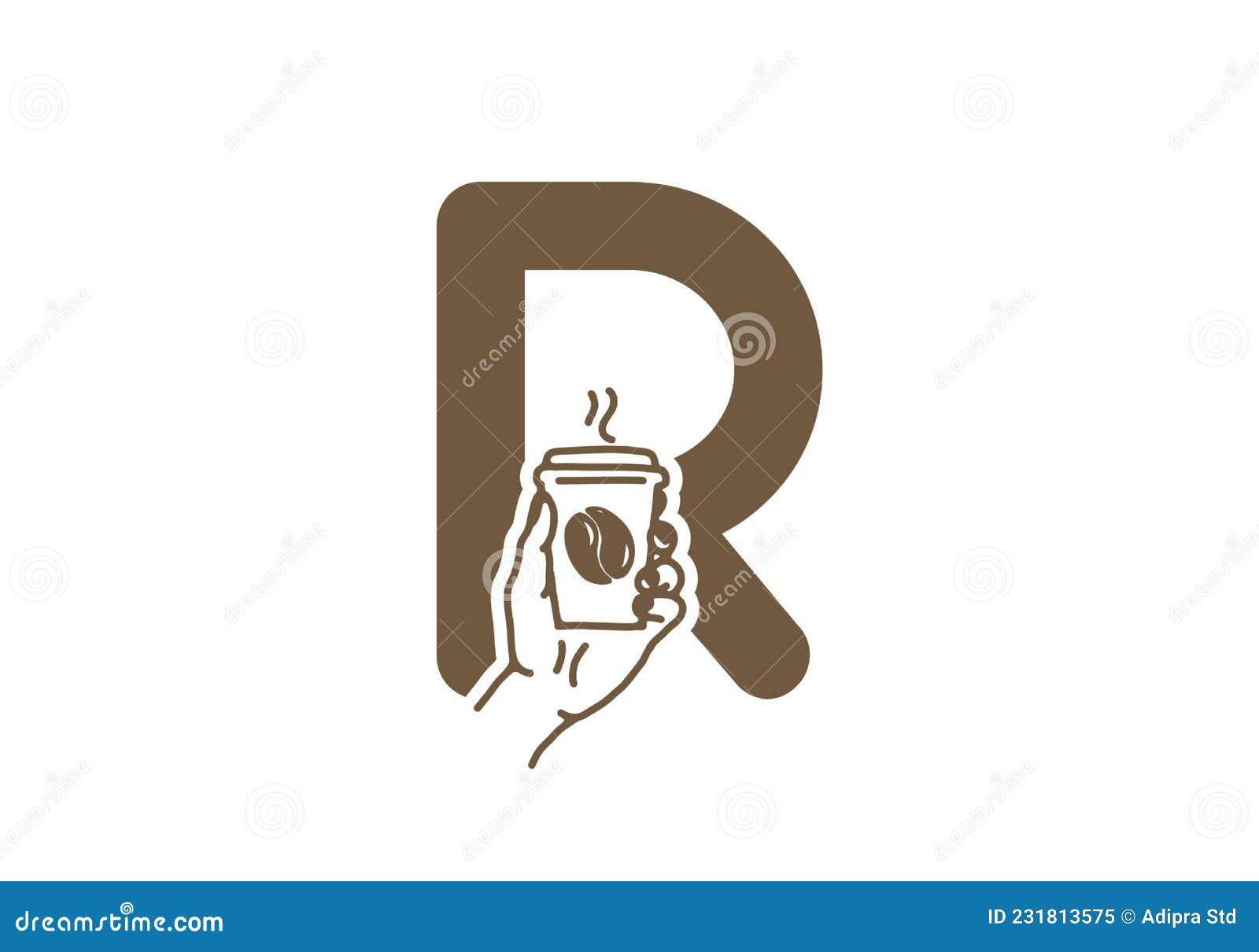 Brown Color of R Initial Letter with Line Art Coffee Cup Stock Vector ...