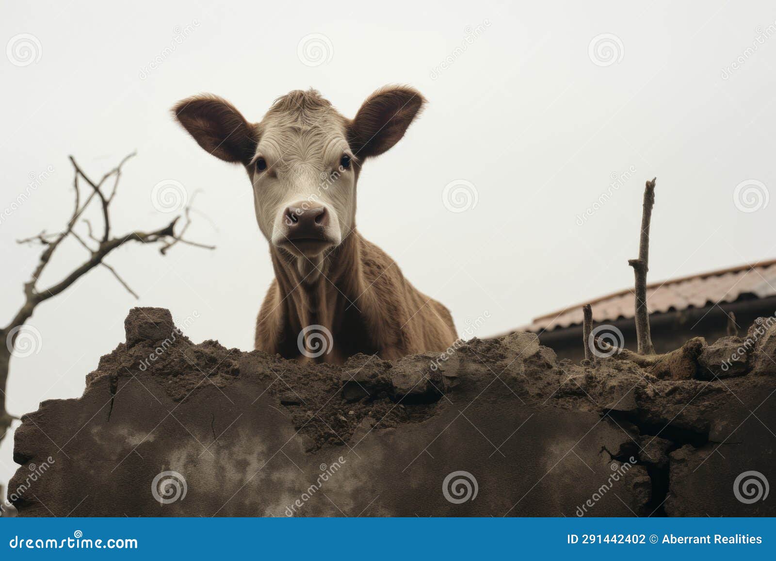 A Brown Cow Peeking Out of a Hole in a Wall Stock Illustration ...