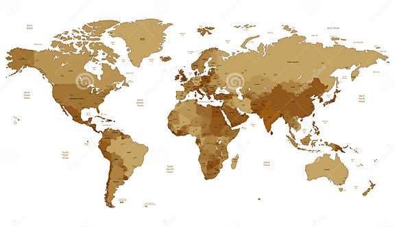 Brown detailed World map stock vector. Illustration of cartography ...