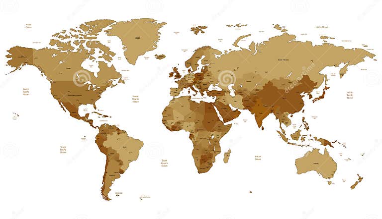 Brown detailed World map stock vector. Illustration of cartography ...