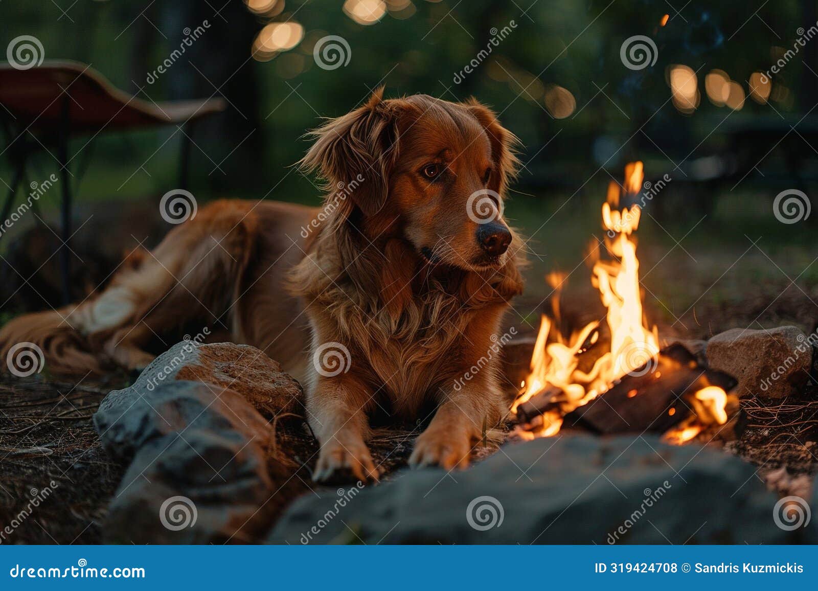Brown Dog Relaxing by Campfire. Generative AI. Stock Illustration ...