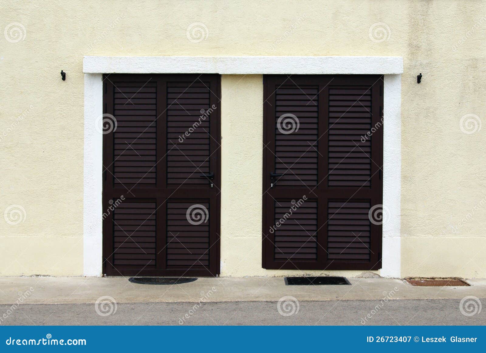 Brown Door with Shutters in Front View Stock Image - Image of exterior ...