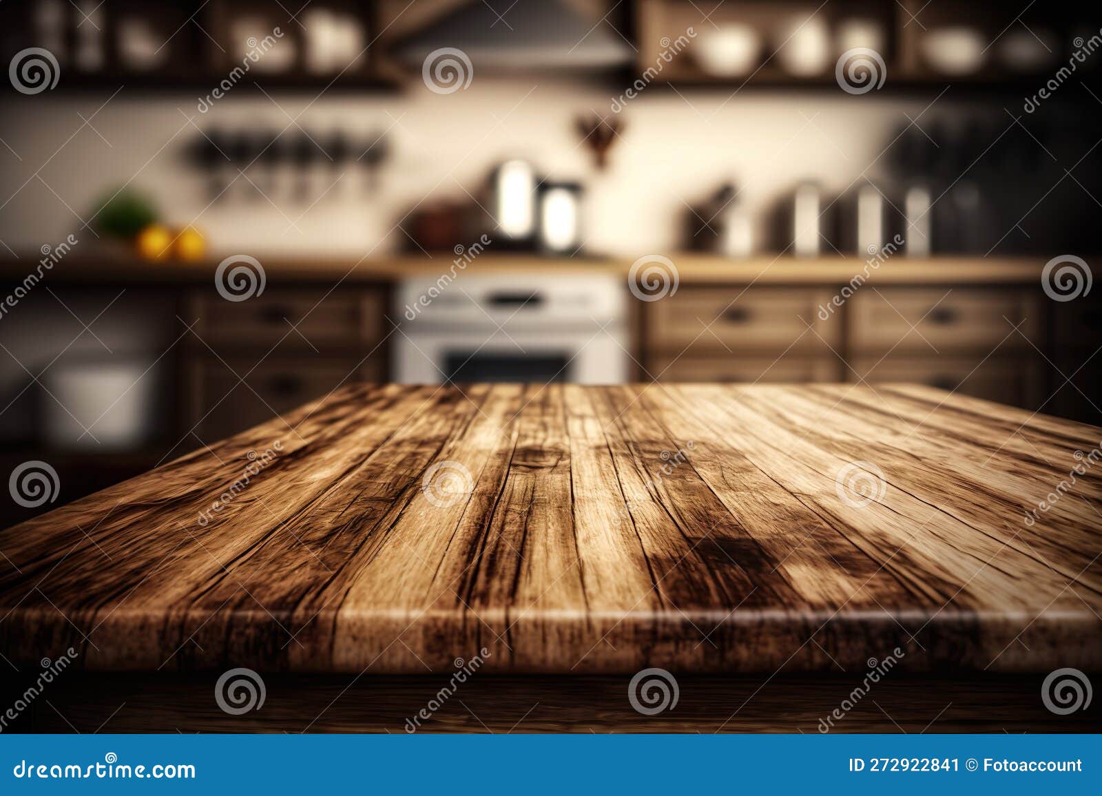 Empty Textured Wooden Table in Front of Blurred Kitchen Background ...