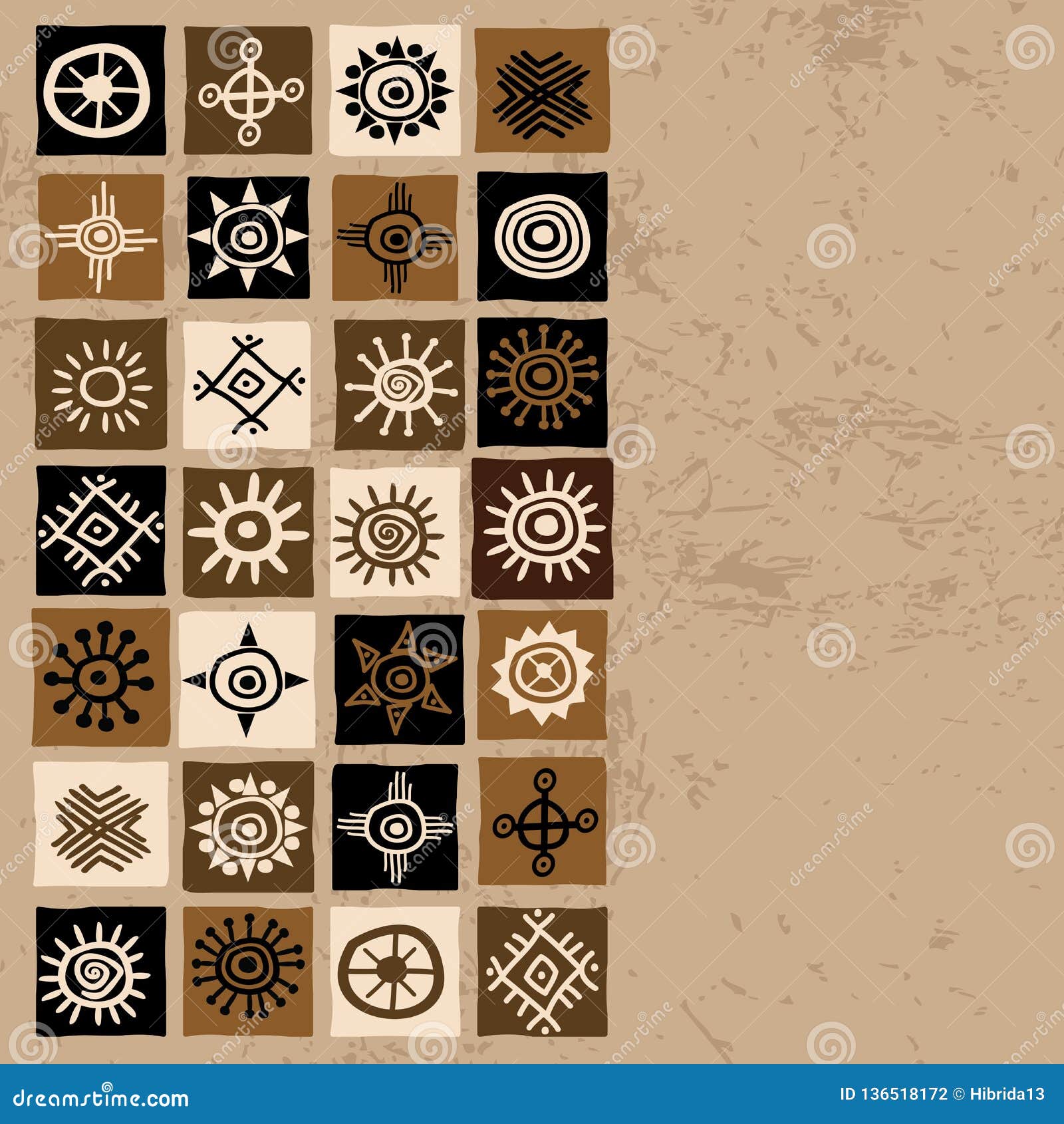Brown Ethnic Background with Squares and Sun Symbols Stock Vector ...