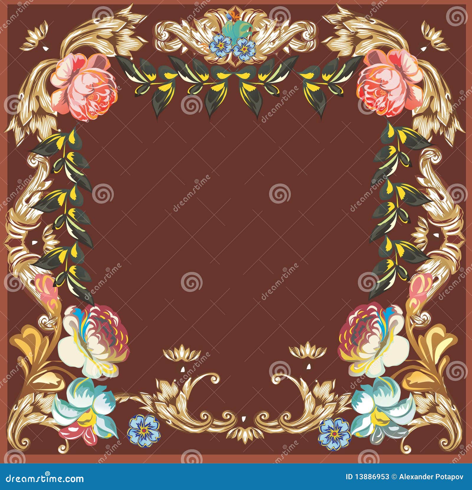 Brown Frame with Four Big Flowers Stock Vector - Illustration of ...