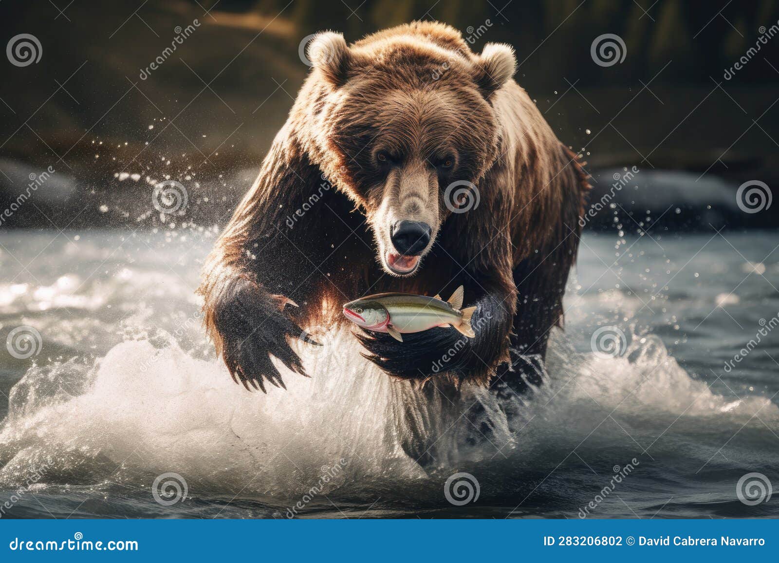 Brown Grizzly Bear Catching a Salmon in the River. Stock Illustration ...