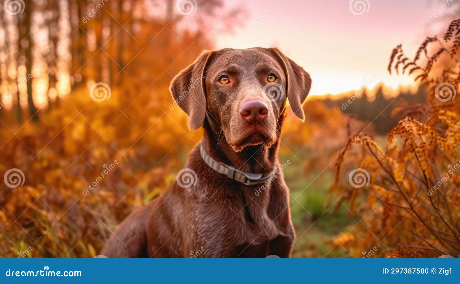 Brown Labrador Retriever Sits in a Field at Sunset Stock Illustration ...