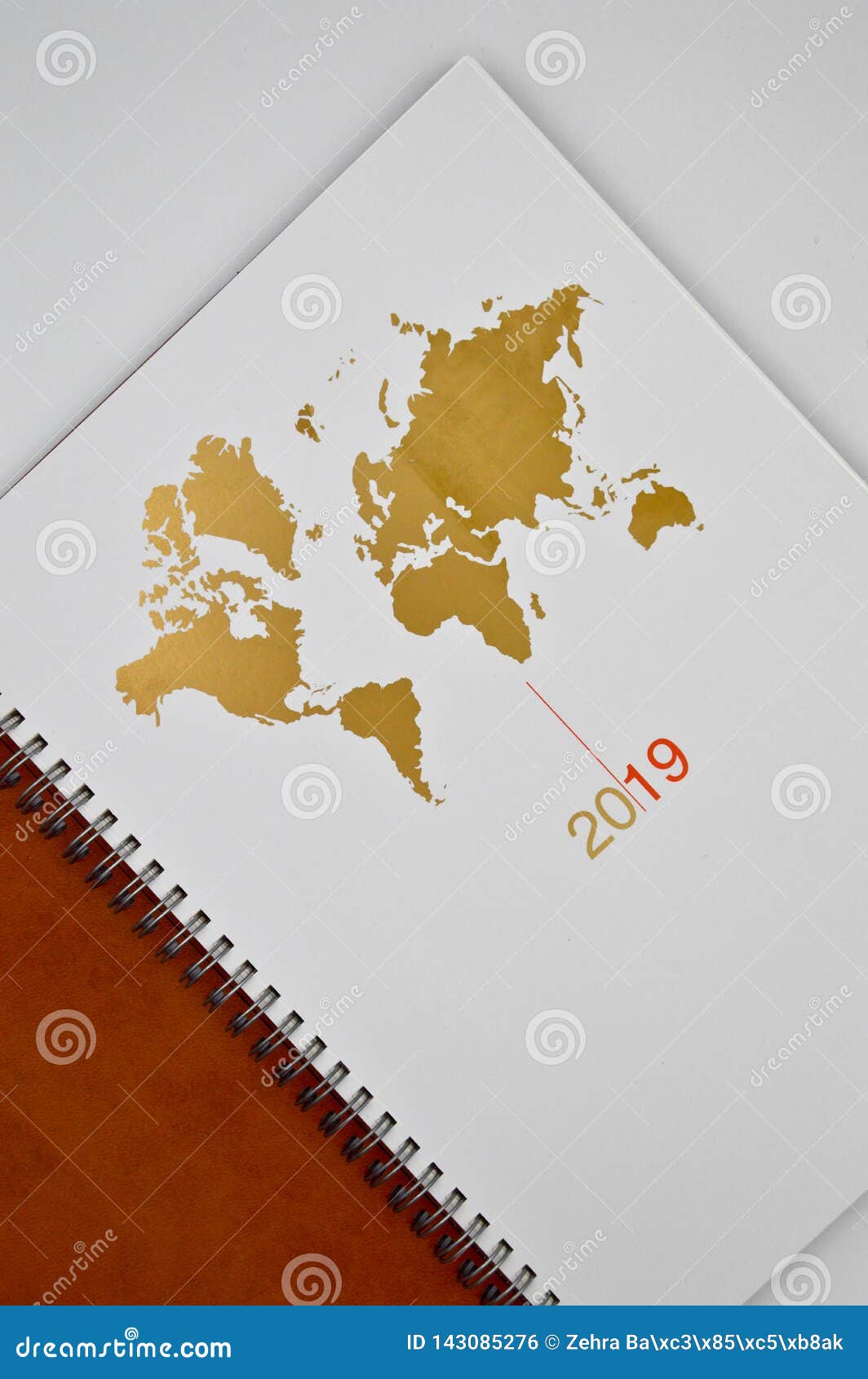 2019 Brown Leather Agenda and World Map Stock Photo - Image of ...