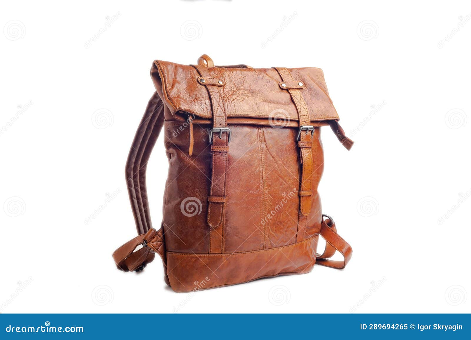 Brown Leather Backpack on a White Background Stock Image - Image of ...