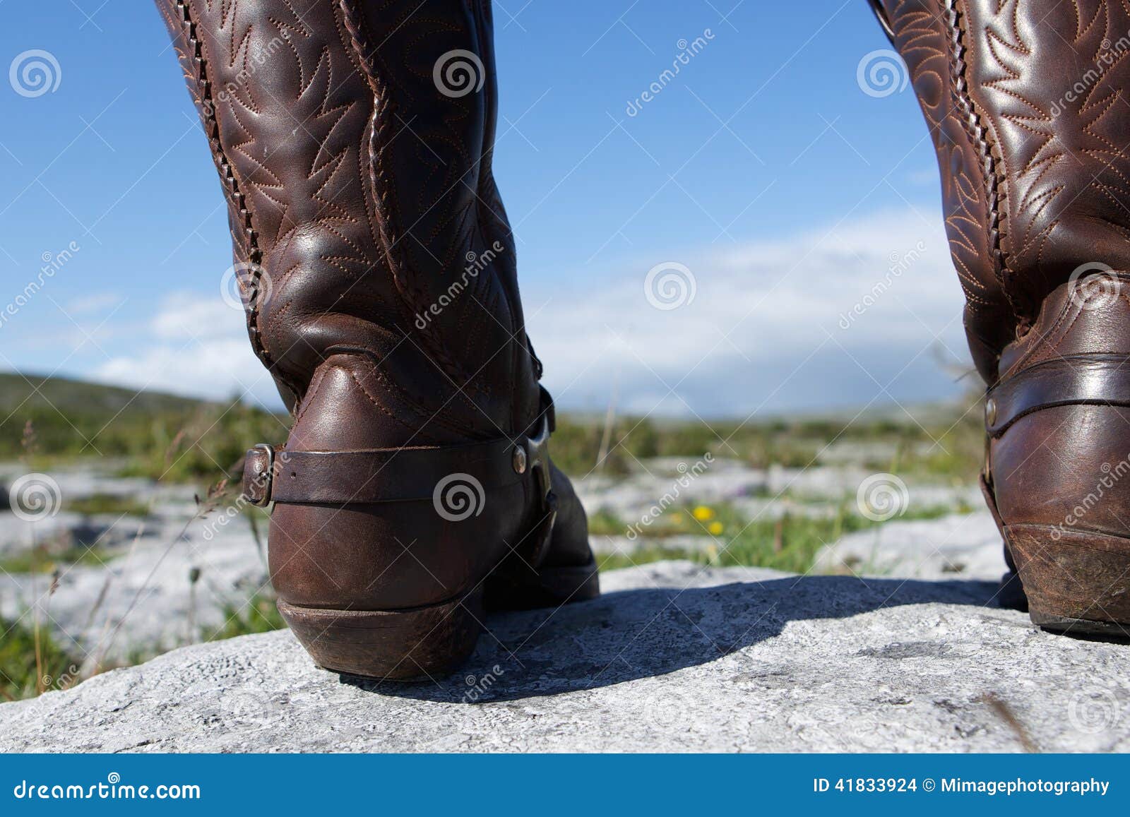Brown Leather Boots Standing on Rock Stock Photo - Image of back ...