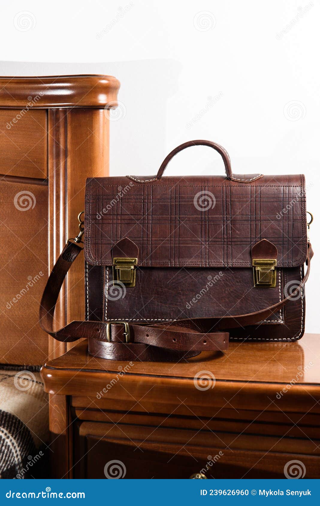 Brown Leather Briefcase with Two Locks. Hotel Room Photo Stock Photo ...