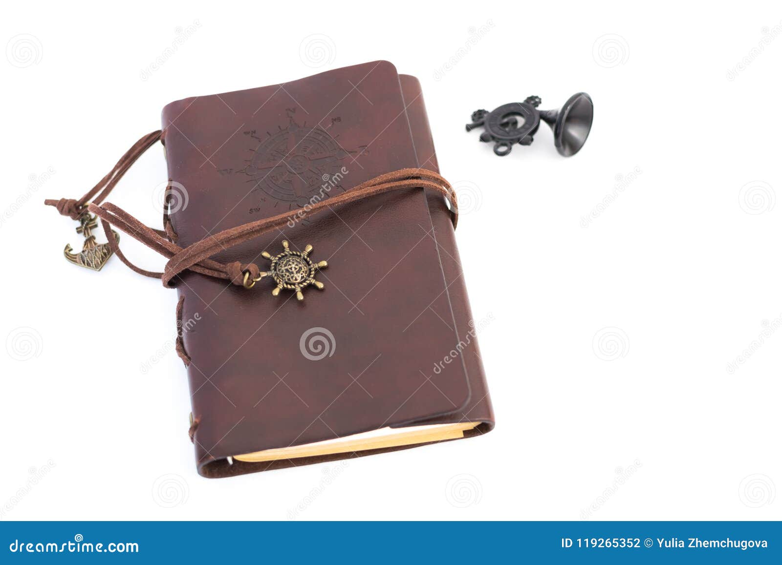 Brown Leather Notebook on a White Background, Compass Stock Photo ...