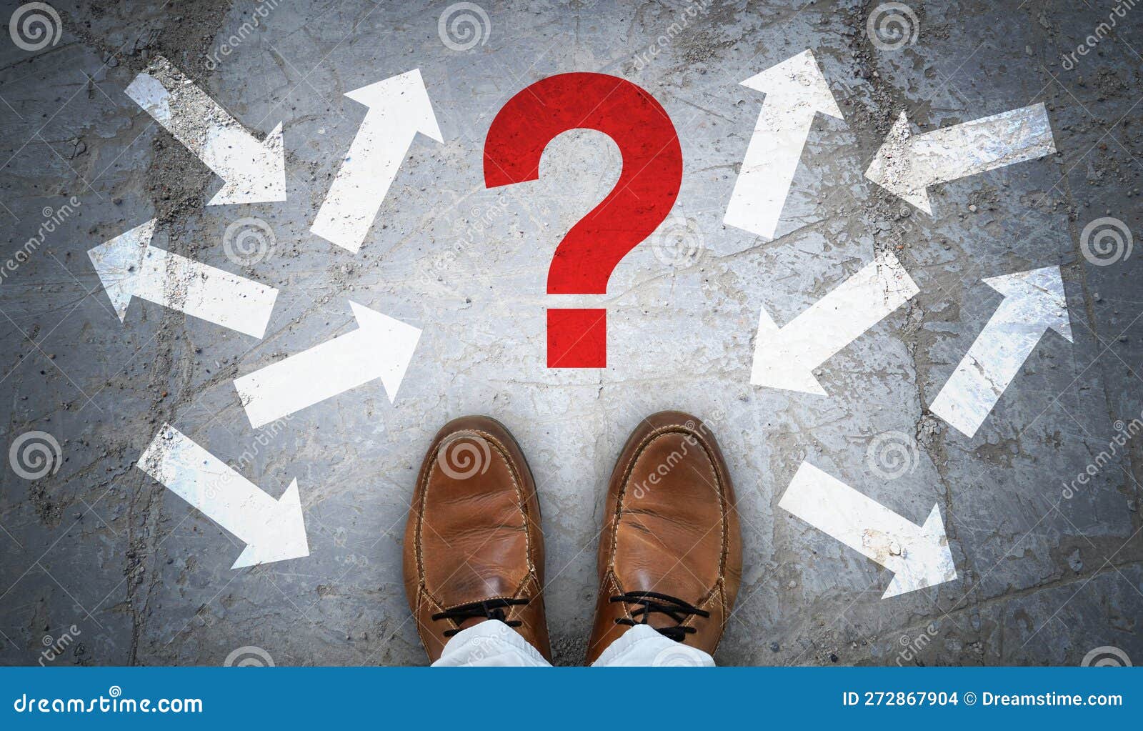 Brown Leather Shoes, Question Mark and Many Arrows Stock Photo - Image ...