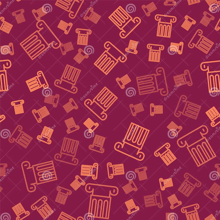 Brown Line Ancient Column Icon Isolated Seamless Pattern on Red ...